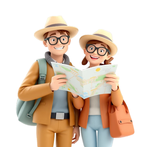 3D cartoon tourists looking at a map